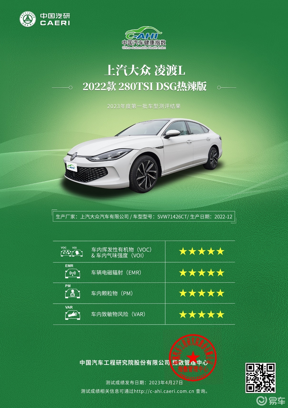 上汽大众凌渡L获中国汽车健康指数（C-AHI）全五星佳绩_易车