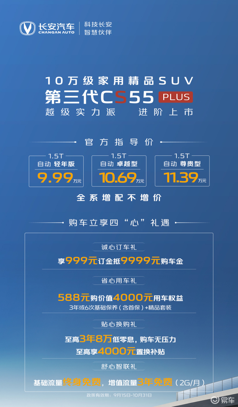 第三代长安CS55PLUS正式上市 售9.99万元起_易车
